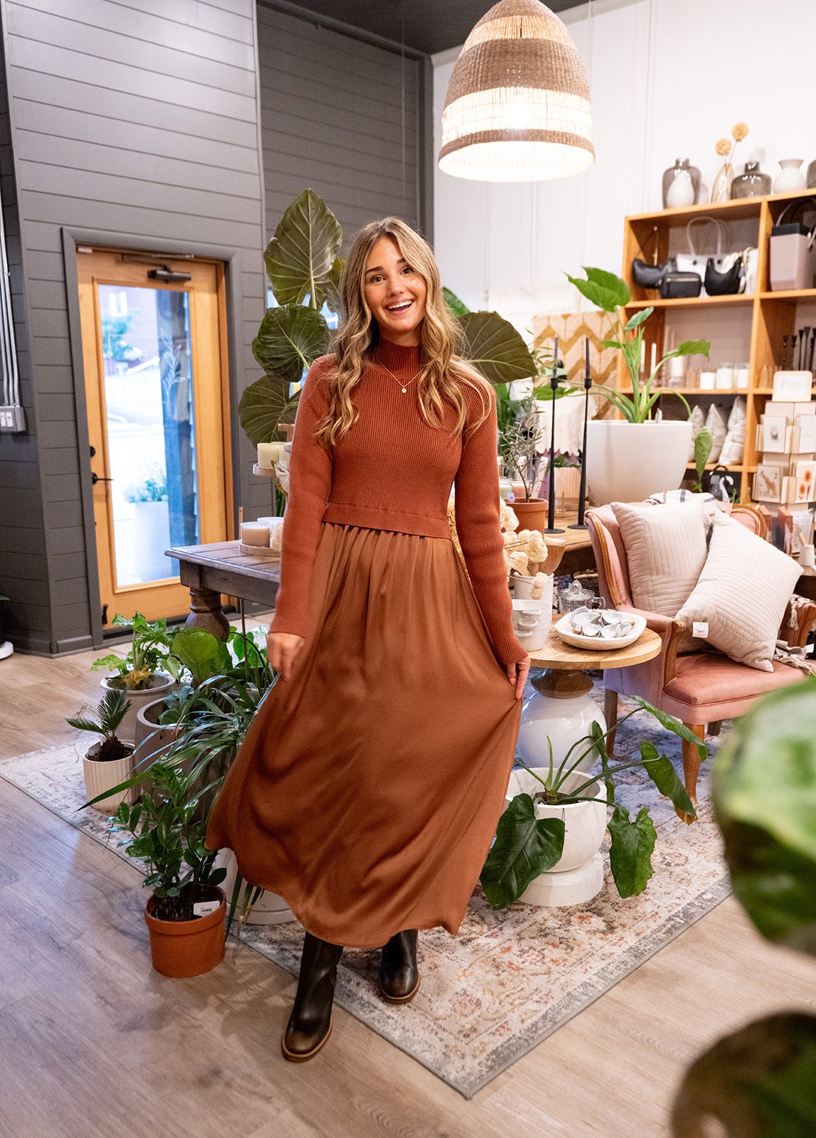 'Lena' Satin Sweater Mix Dress - Cocoa | LEAF + LINEN